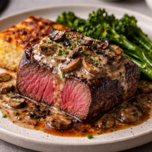 Pan-Seared Beef Fillet with Creamy Mushroom Sauce, Potato Gratin ...